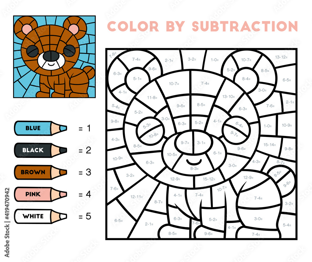 Color by subtraction, education game for kids, Bear Stock Vector ...