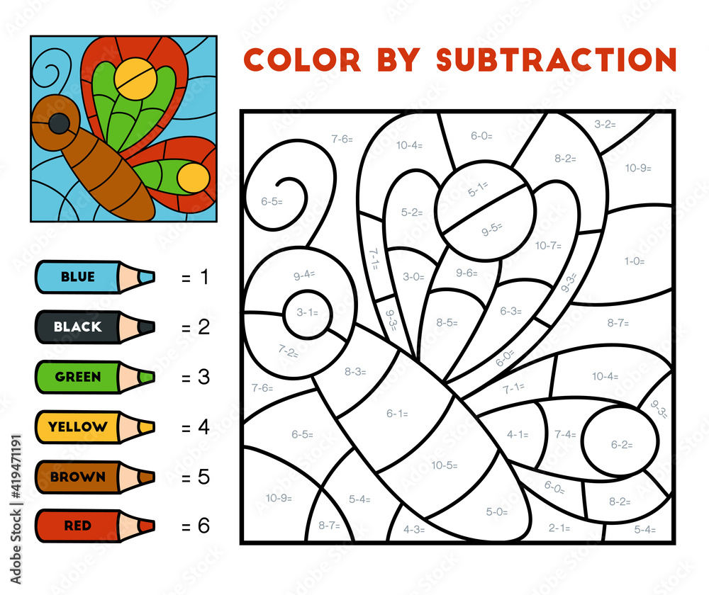 Color by subtraction, education game for kids, Butterfly Stock Vector ...
