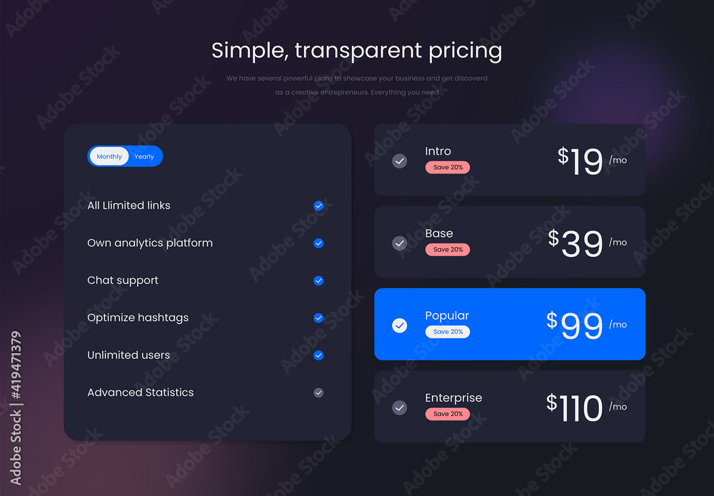 Modelo de Dark Mode Pricing Table Element do Stock | Adobe Stock