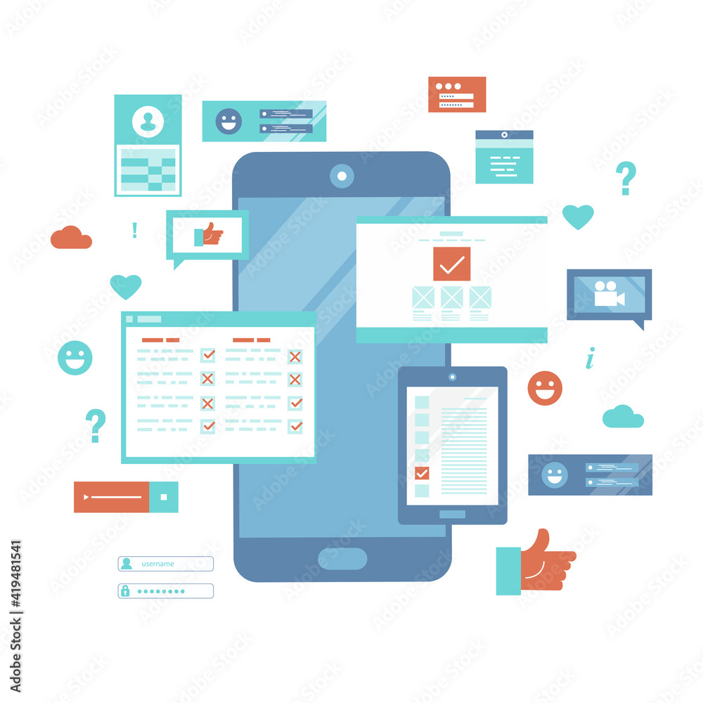 Phone screen with online filling forms and check marks. Online survey ...