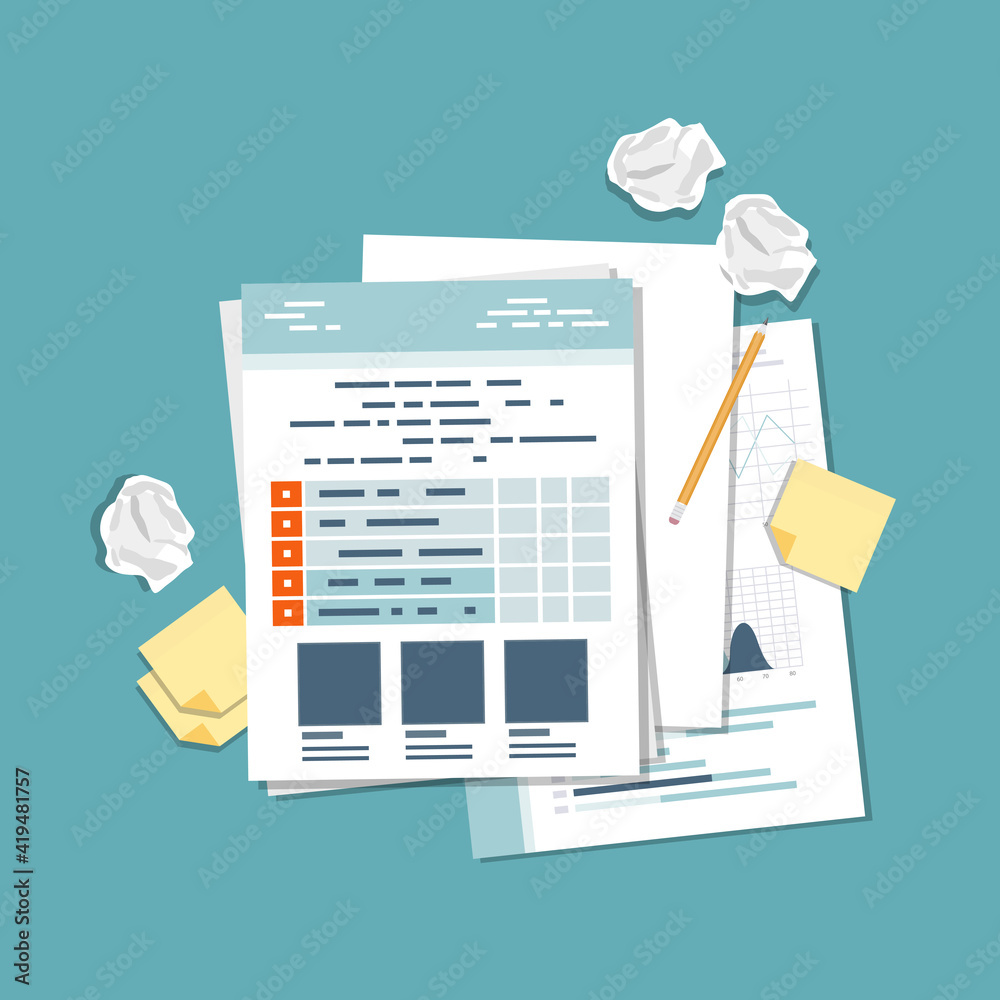 Work with documents, filling forms. Blank, crumpled paper, pencil ...