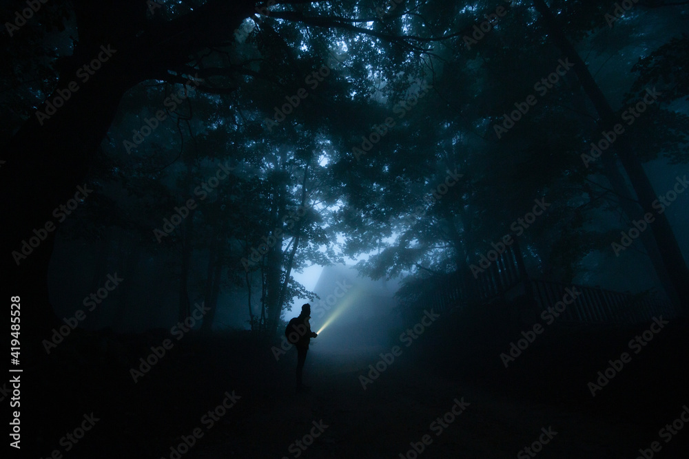Side view of anonymous male trekker silhouette on pathway illuminating ...
