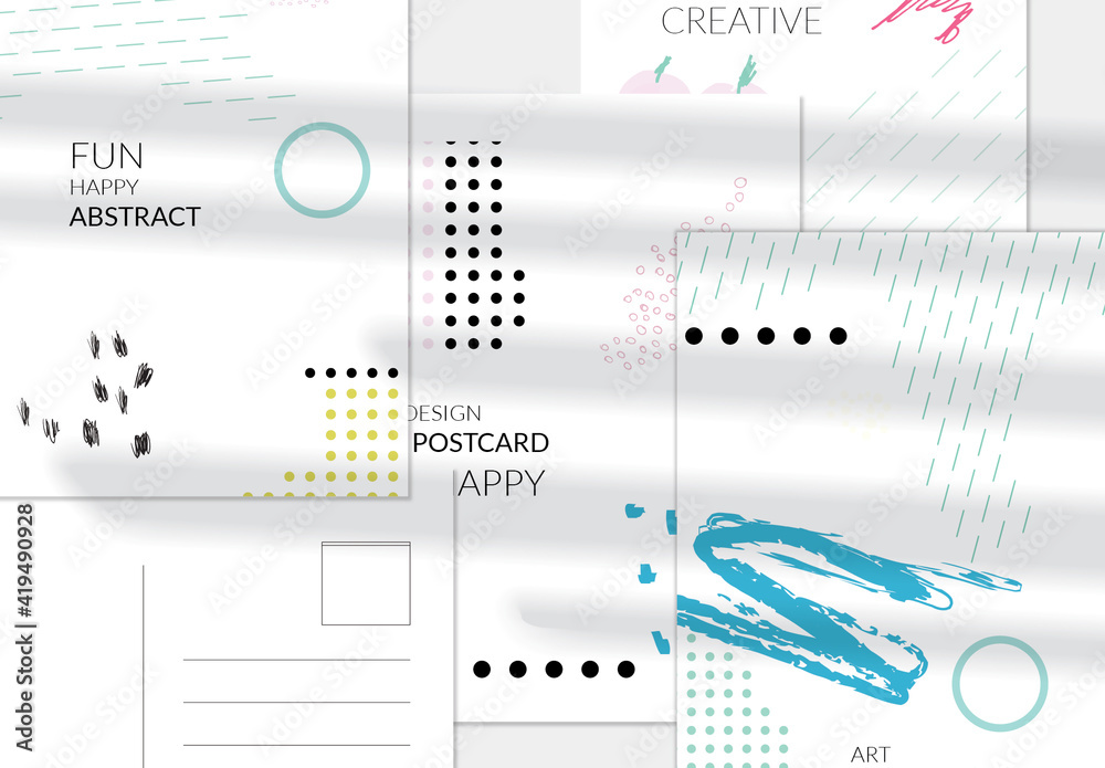 Postcard Layout with Hand Drawn Abstract Floral Doodles and Geometric ...