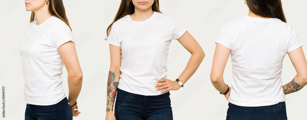 Beautiful woman posing with a casual white t-shirt Stock Photo | Adobe ...
