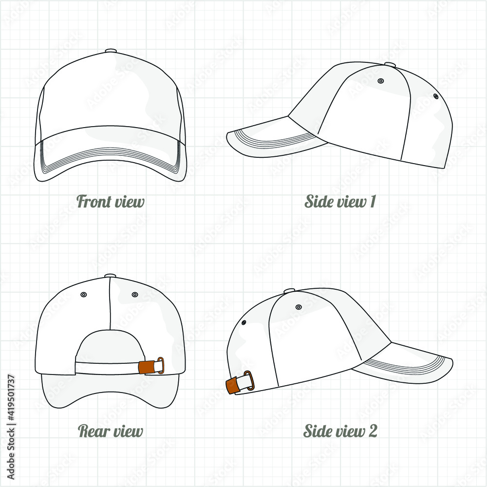 Cap template set, front, side, back view. White cap. Vector ...