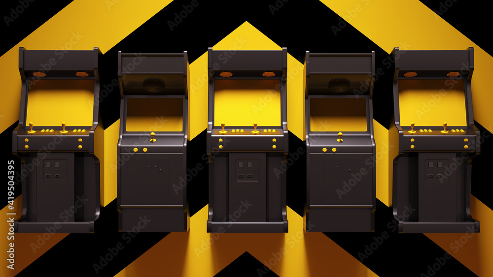 Yellow Black Arcade Machines with Yellow an Black Chevron Background 3d ...