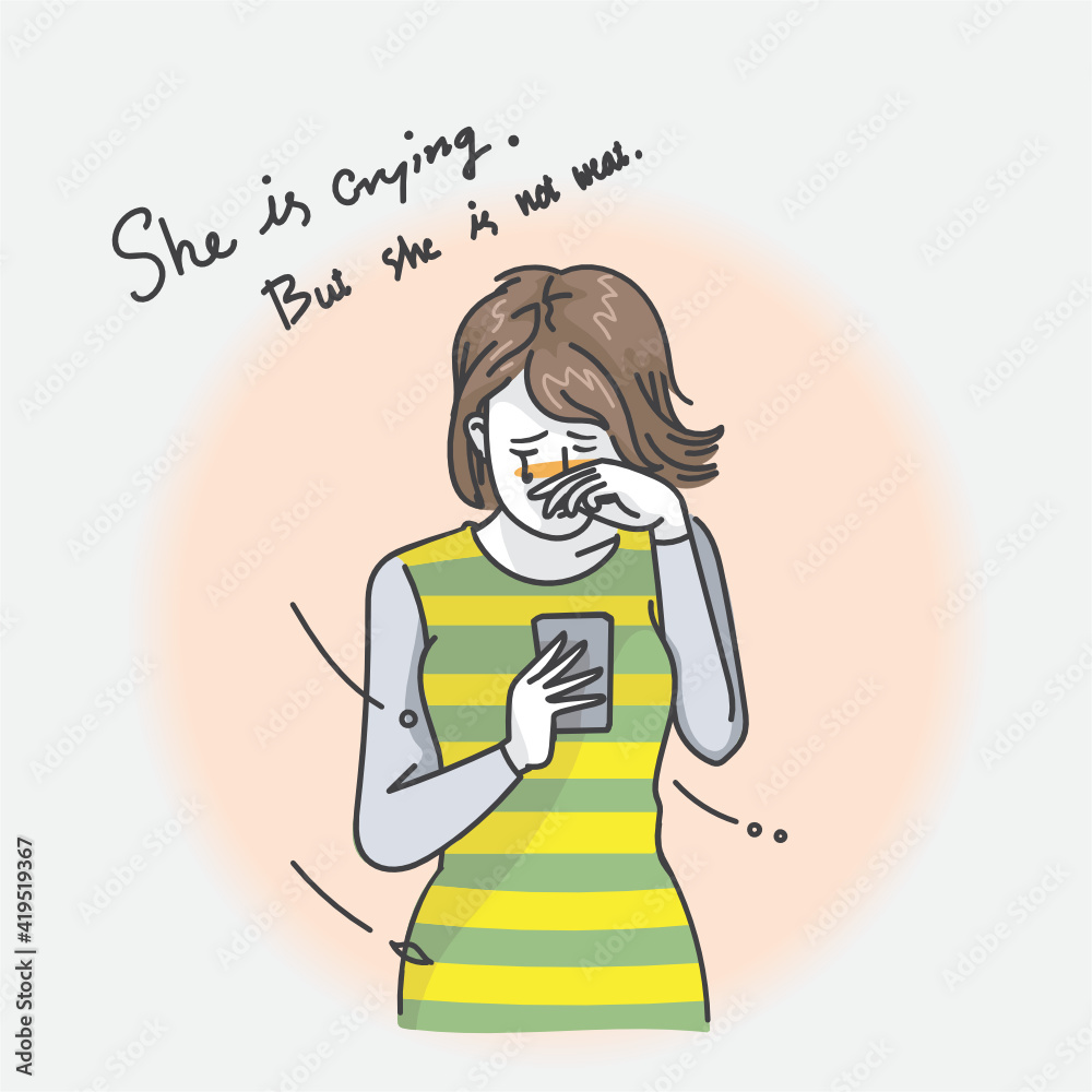 girl with phone. crying women. woman with problems crying. She looks at ...