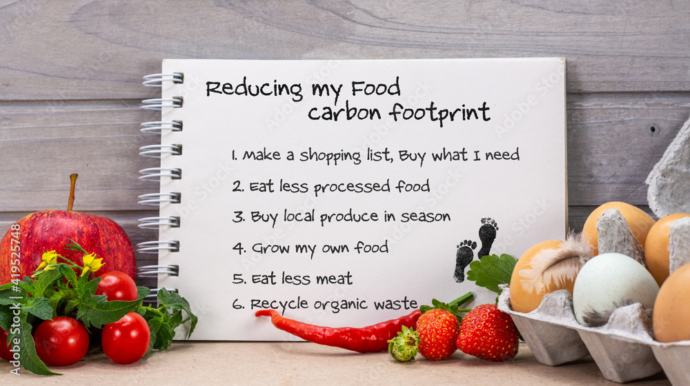 Note pad with Reducing my food carbon footprint heading and list of ...