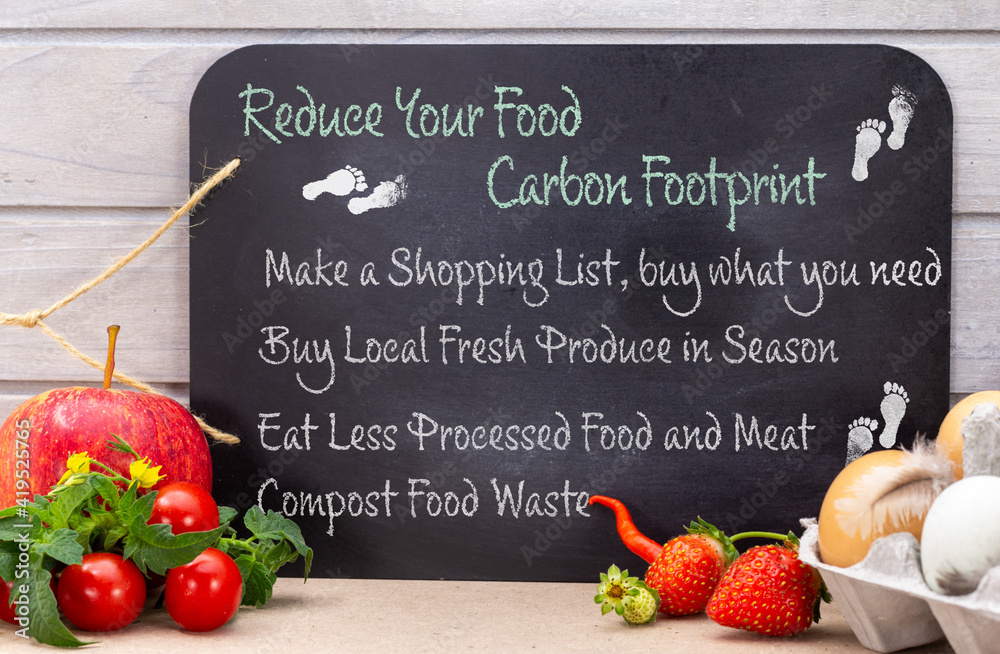 Chalkboard with Reducing your food carbon footprint heading and list of ...