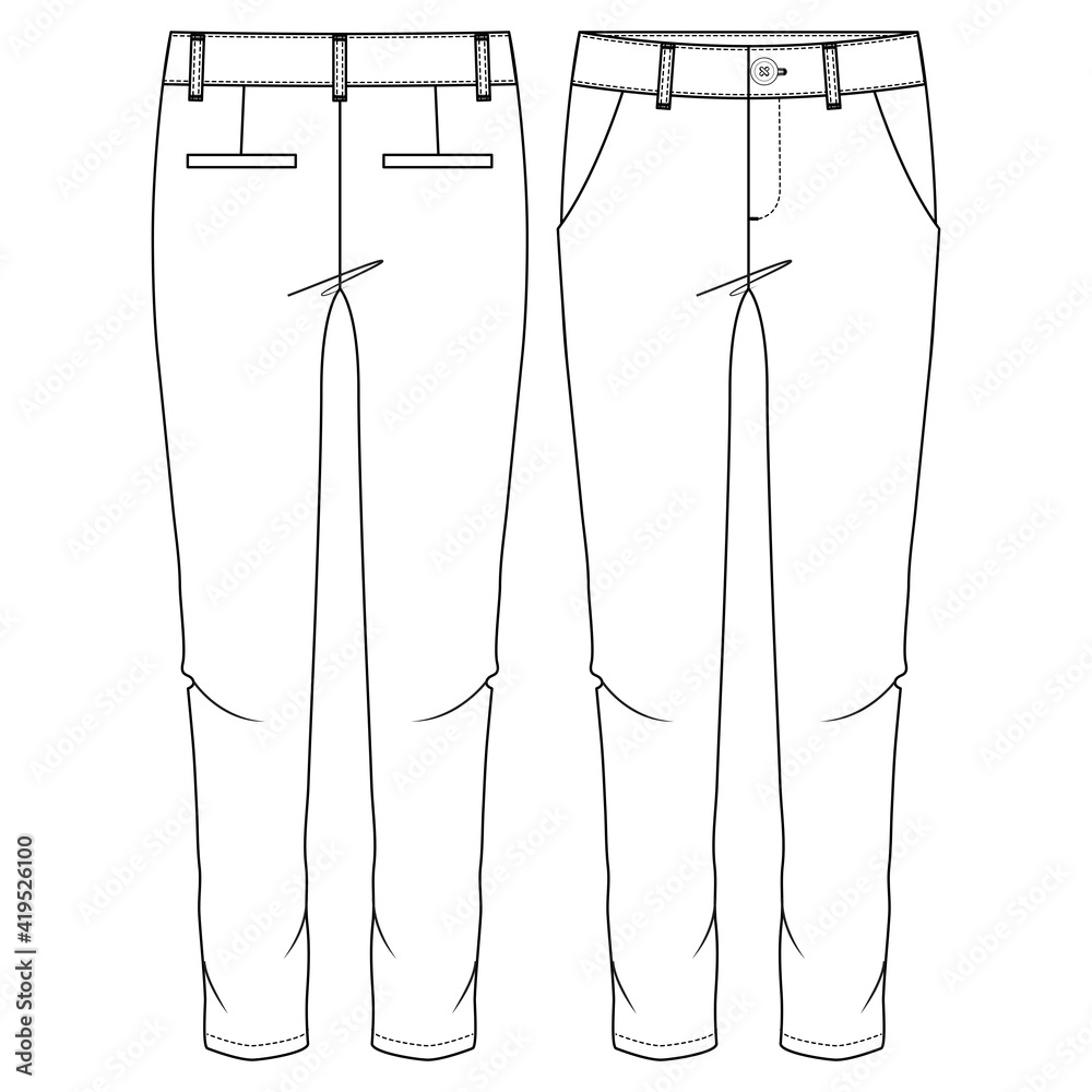 Women Chino Pant fashion flat sketch template. Girls Trousers Technical ...