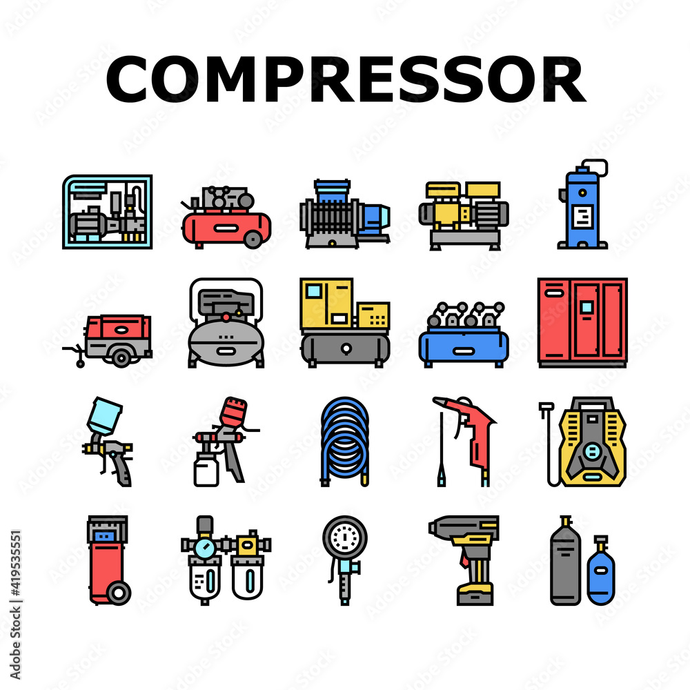 Air Compressor Tool Collection Icons Set Vector. Screw And Piston ...