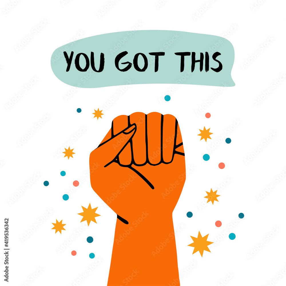 Raised hand gesture power sign isolated on white background with text ...