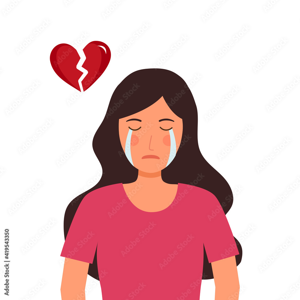Broken heart concept vector illustration. Sad woman crying with broken ...