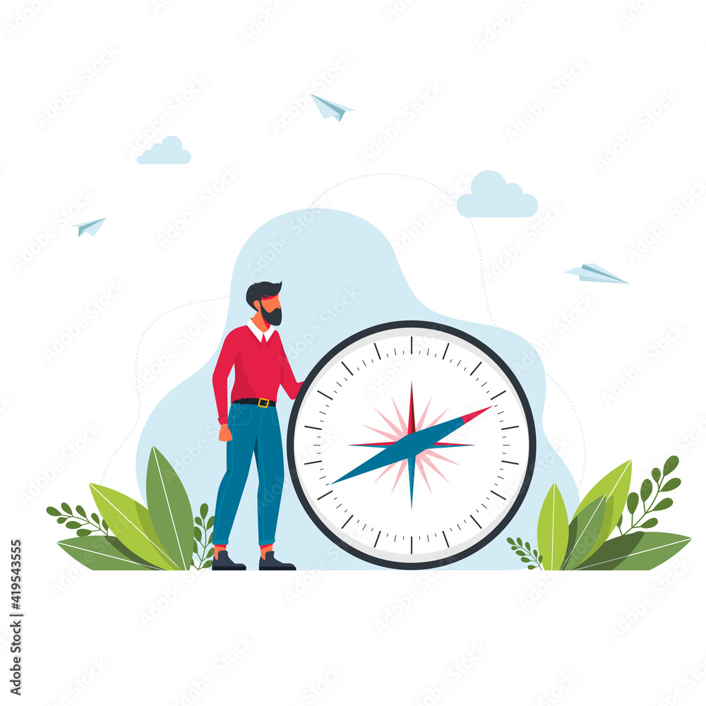 Vector illustration of man is holding a big compass in her hands ...