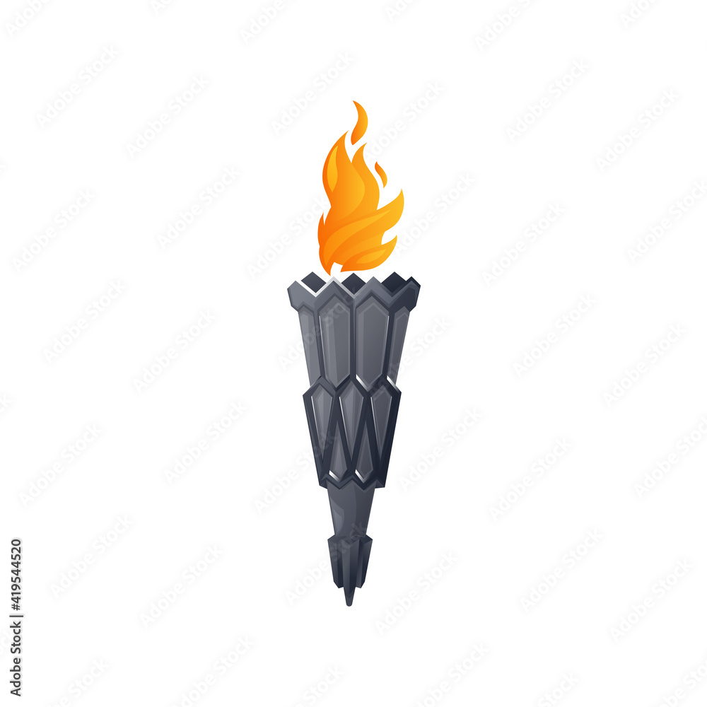 Torch fire flame, Medieval burning lantern, vector icon. Torch in stone ...