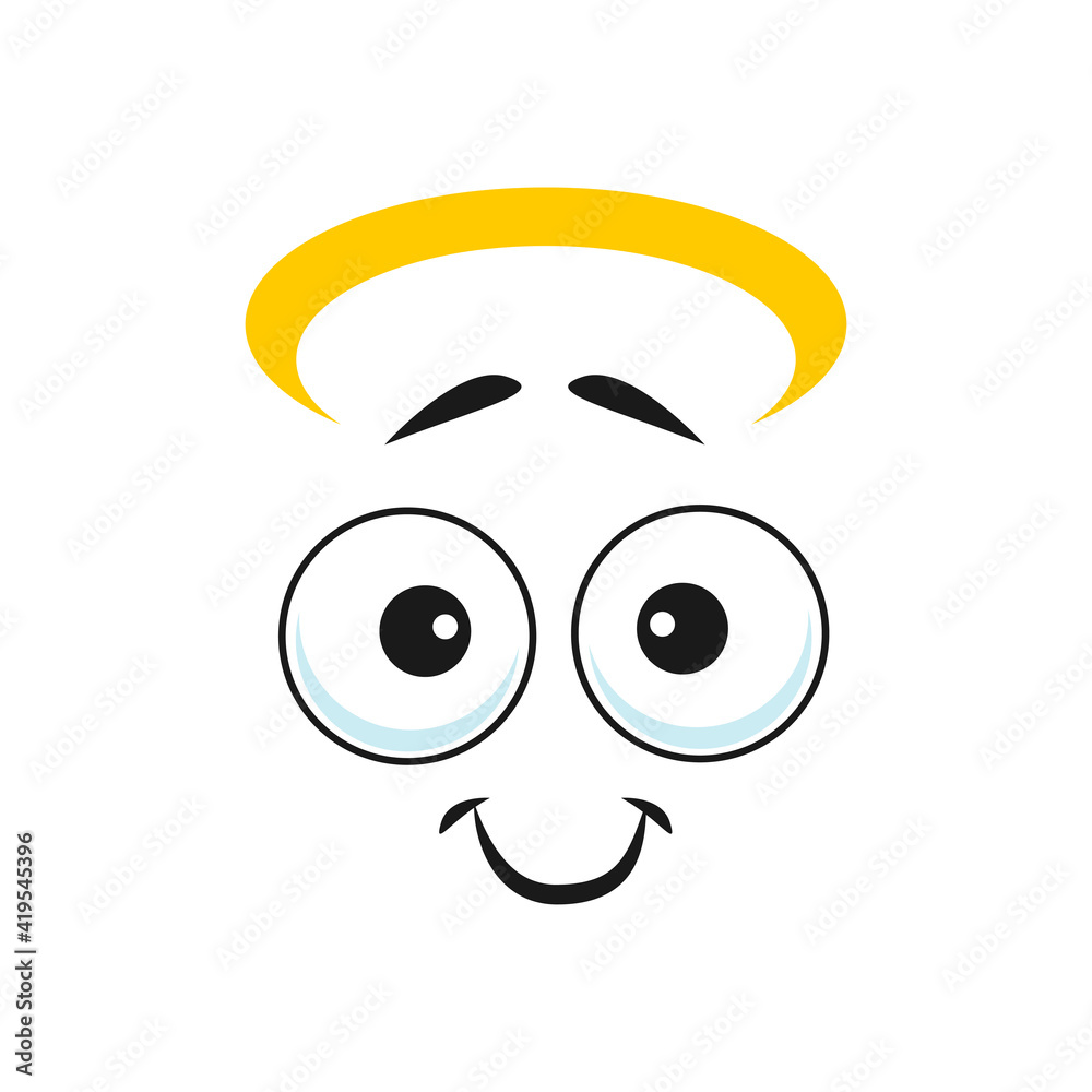 Cartoon angel face smiling emoji, vector funny holy character with ...