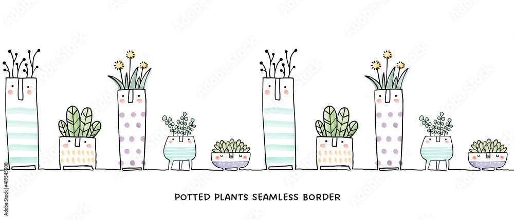 Seamless border with hand drawn potted plants. Watercolor illustrations ...