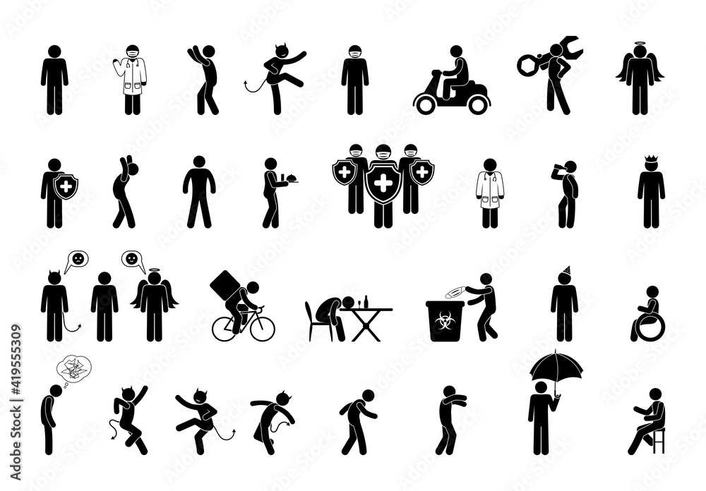 stick figure isolated silhouettes of people, collection of stickman in ...