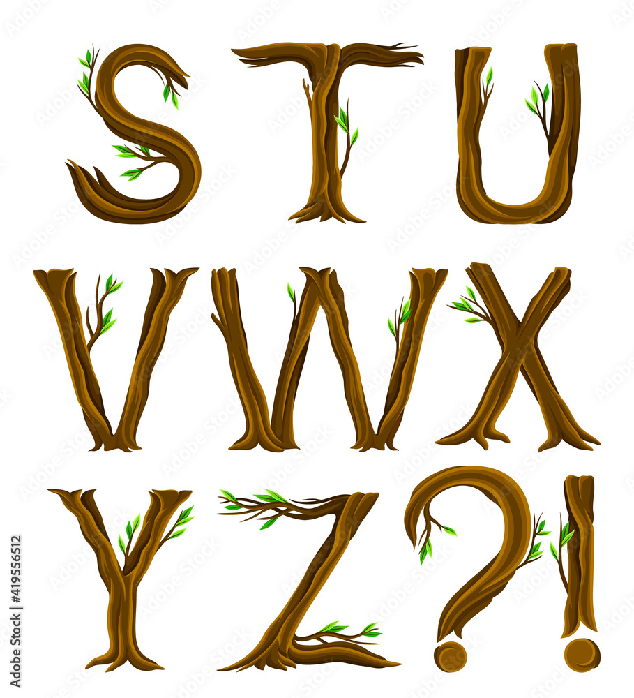 Forest Alphabet with Letters Arranged from Tree Trunks and Branches ...