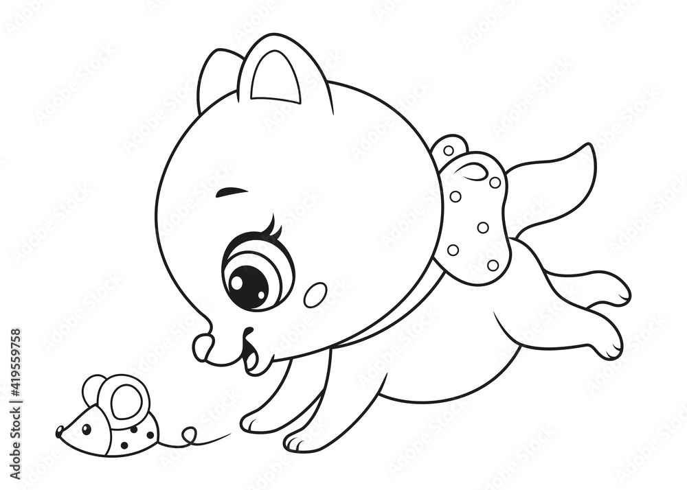 Little cat playing with toy mouse coloring page for kids. Black and ...