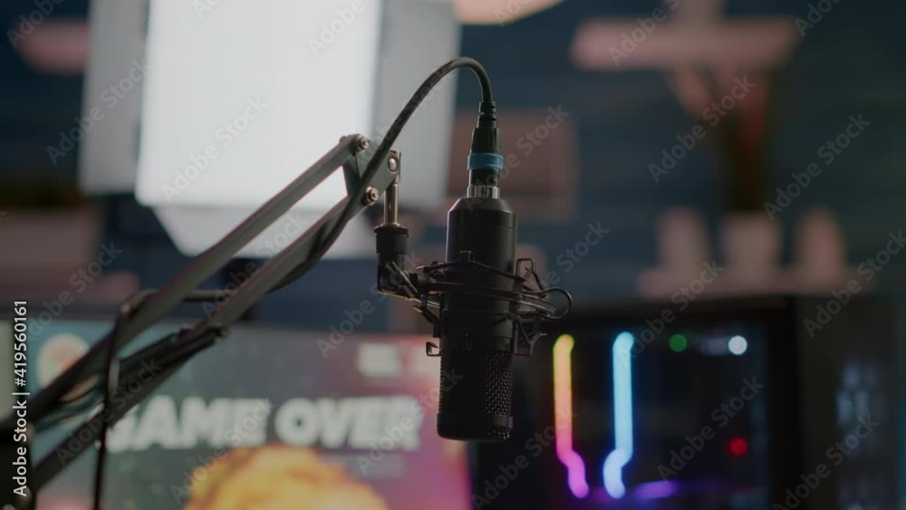Streaming professsional microphone in empty gaming home studio with ...