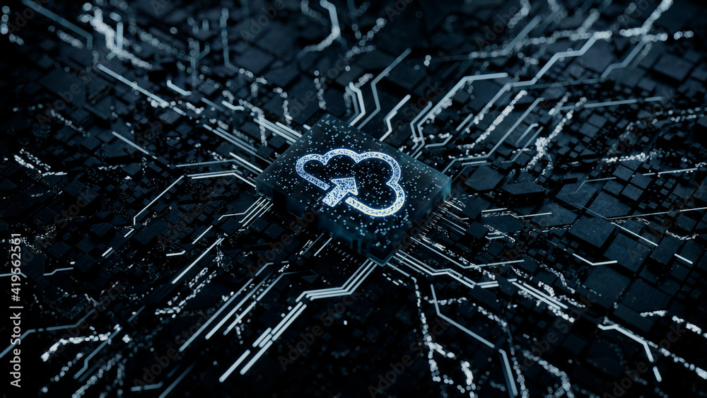 Data Storage Technology Concept With Cloud Upload Symbol On A Microchip