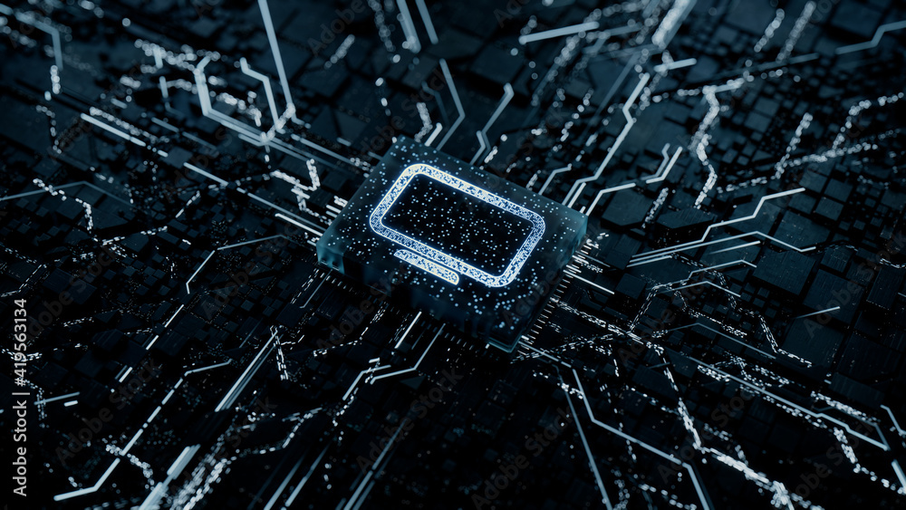Display Technology Concept with Monitor symbol on a Microchip. Data ...