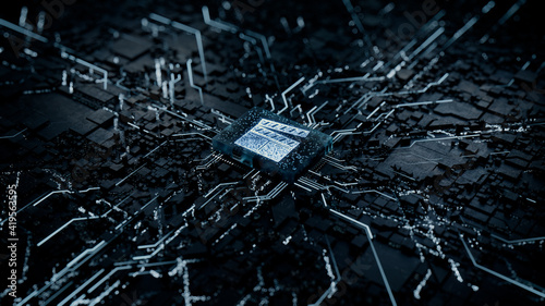 Entertainment Technology Concept with movie symbol on a Microchip. Data ...