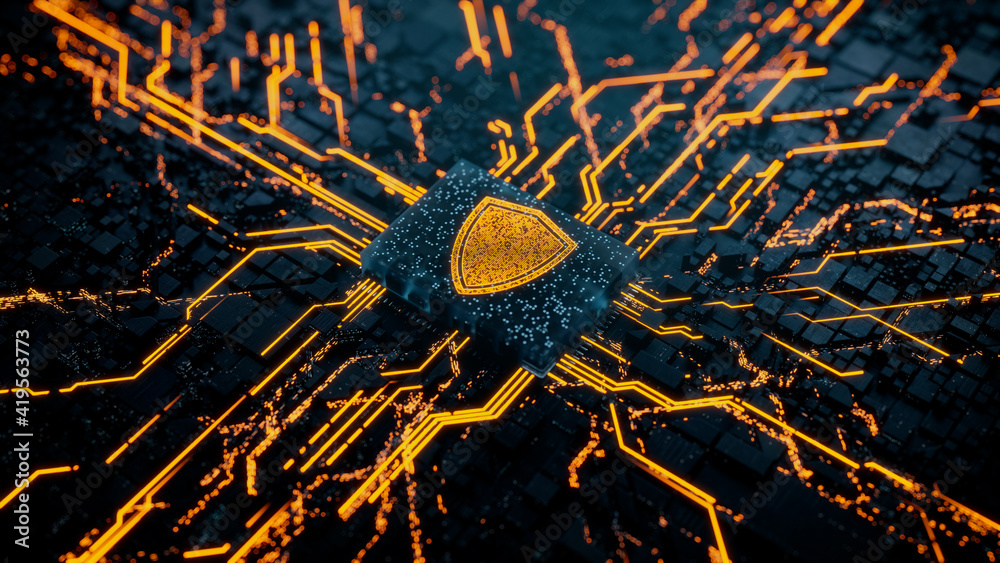 Security Technology Concept with shield symbol on a Microchip. Data flows from the CPU across a ...