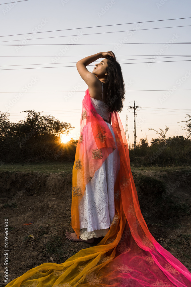 Portrait Of Beautiful Indian Girl Wearing Indian Traditional Dress
