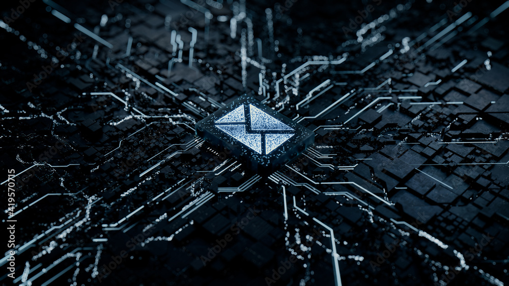 Email Technology Concept with Envelope symbol on a Microchip. Data ...