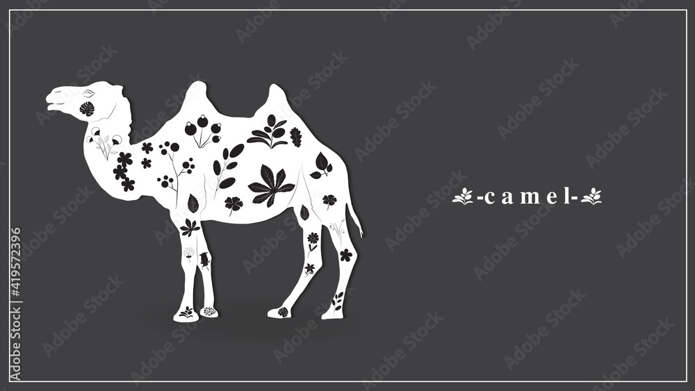 Vector illustration of a white camel with flowers and plants. EPS 10 ...