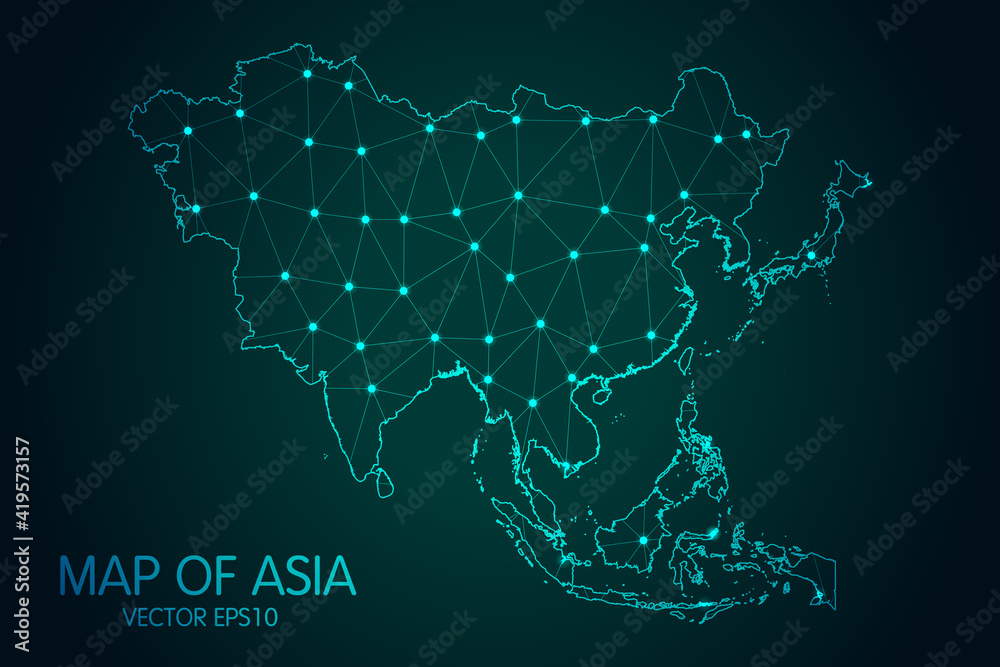 Map of Asia - With glowing point and lines scales on the dark gradient ...