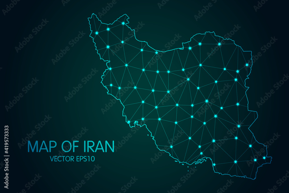 Vetor de Map of Iran - With glowing point and lines scales on the dark ...