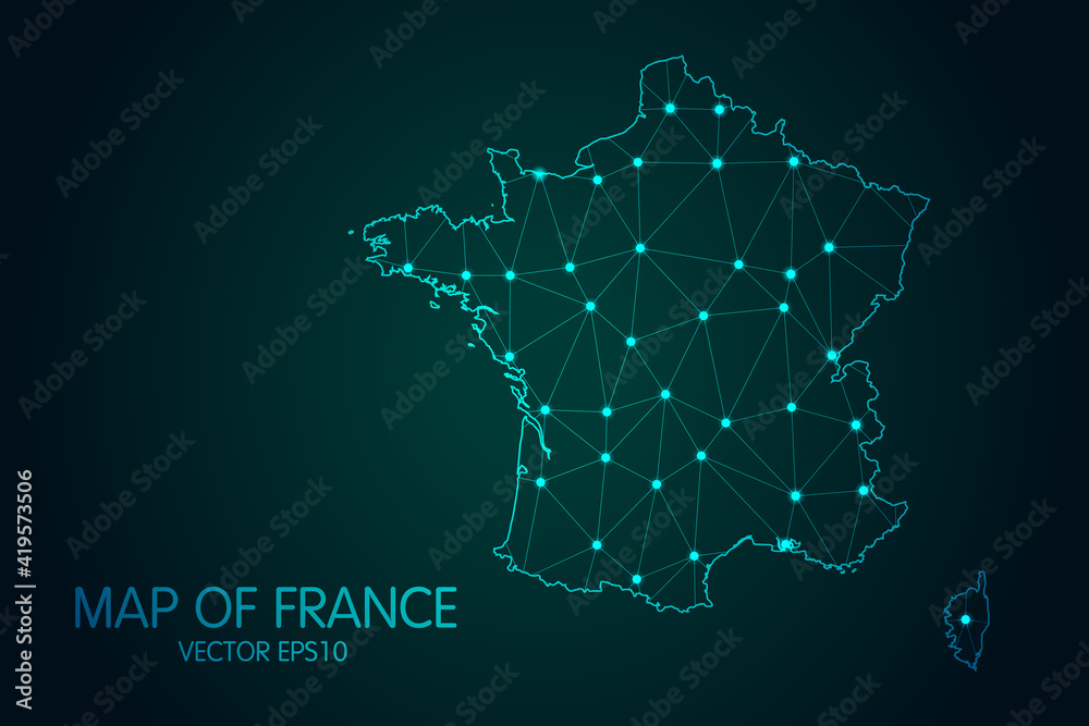Map of France - With glowing point and lines scales on the dark ...