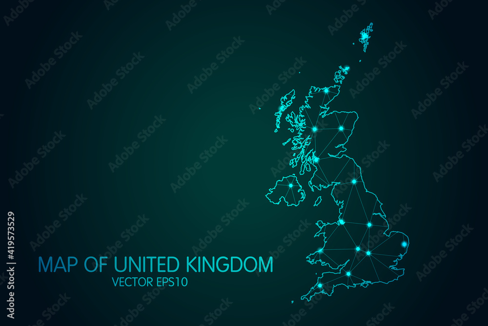 Map of United Kingdom - With glowing point and lines scales on the dark ...