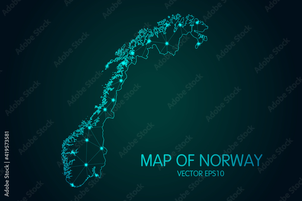 Map of Norway - With glowing point and lines scales on the dark ...