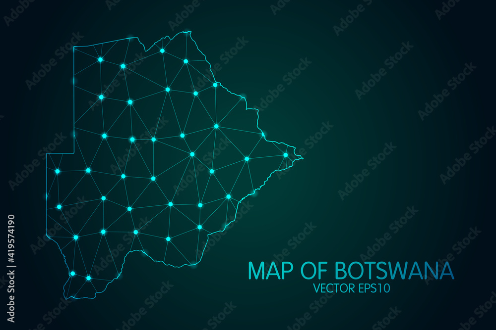 Map of Botswana - With glowing point and lines scales on the dark ...