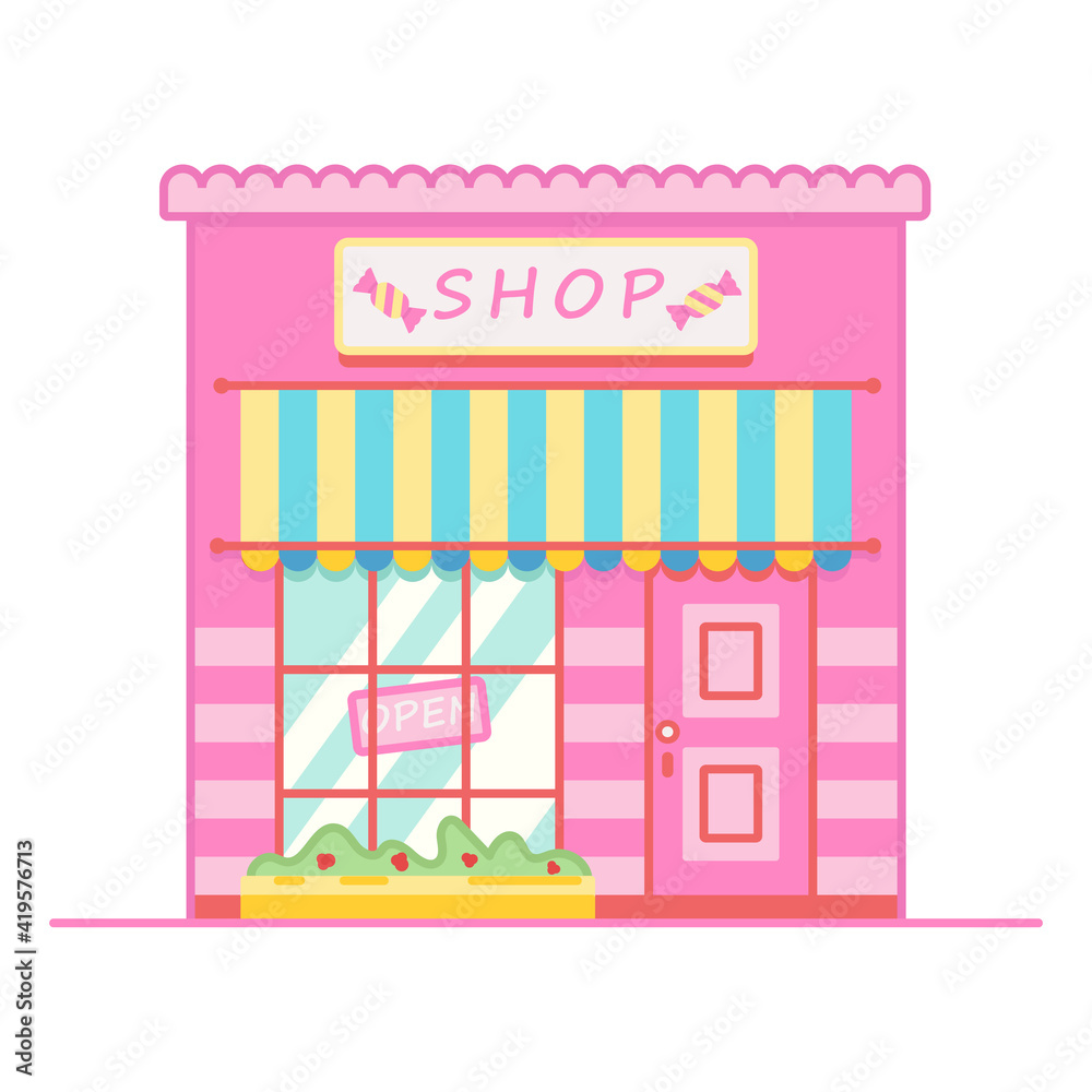cartoon cute candy shop, pink shopping stall, street vending, vector ...