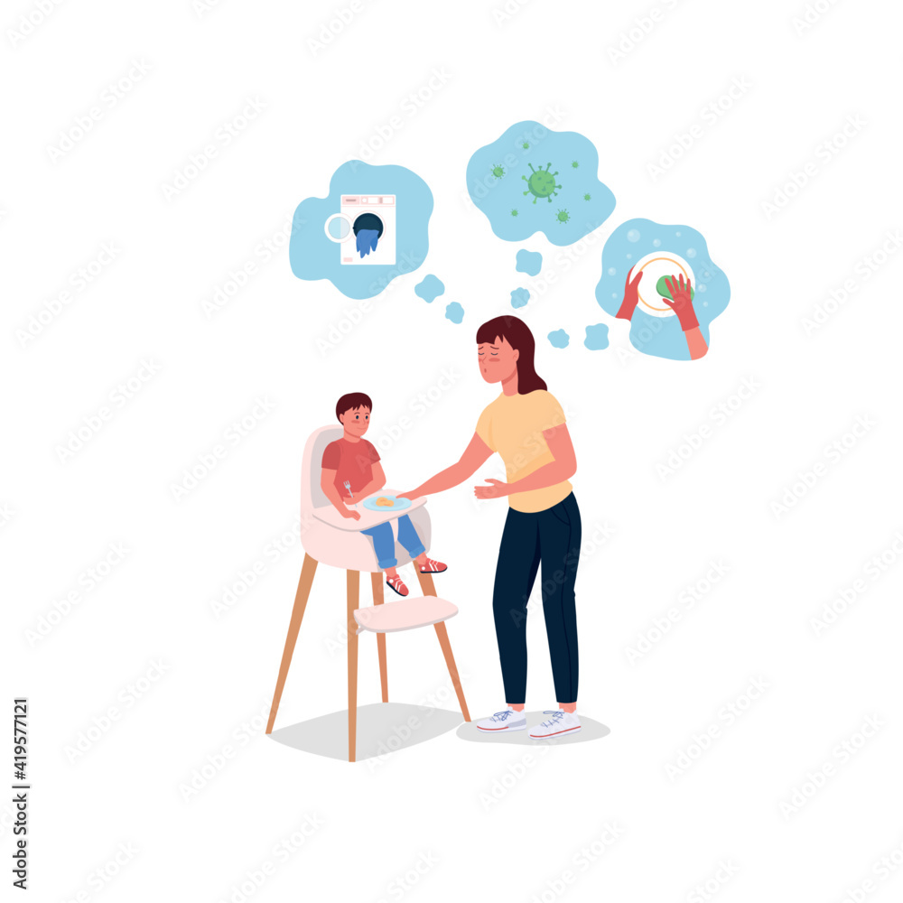 Stressed mother with baby in highchair flat color vector detailed ...