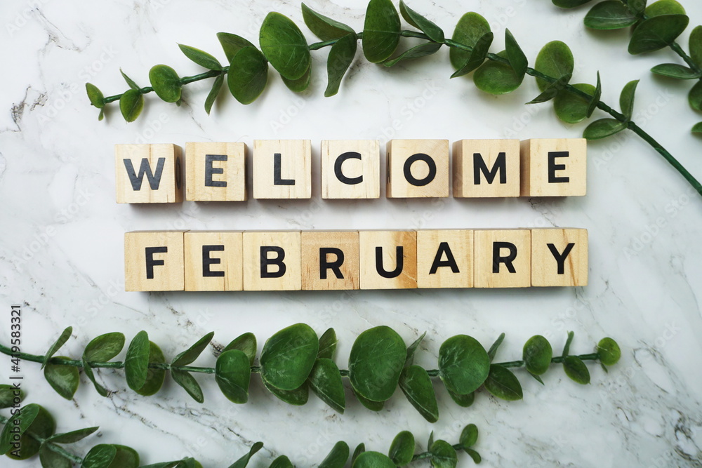 Welcome February alphabet letter with green leave flat lay on marble ...