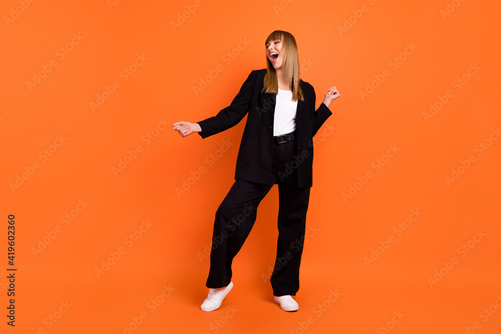 Full length body size view of attractive cheerful dreamy girl dancing ...