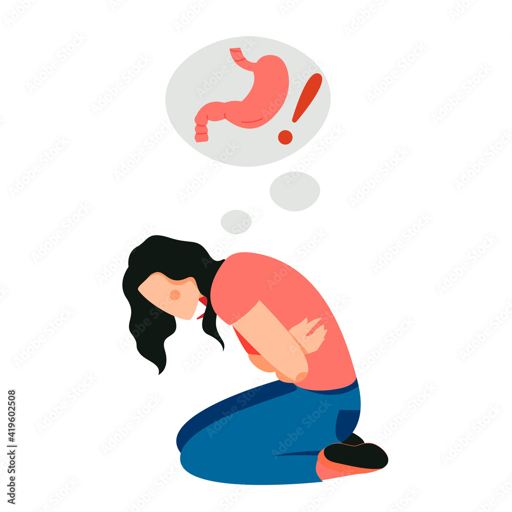 Stomach pain flat cartoon illustration. Woman suffering from gastritis ...