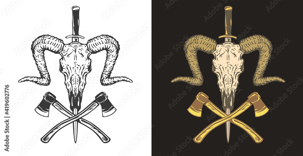 Hand drawn monochrome and color goat skull with two crossed axes and ...