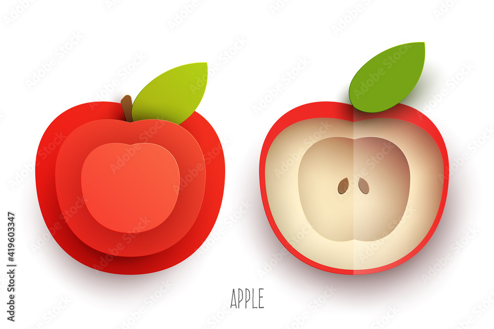 Cartoon whole and half apple in modern geometric 3d paper cut style ...