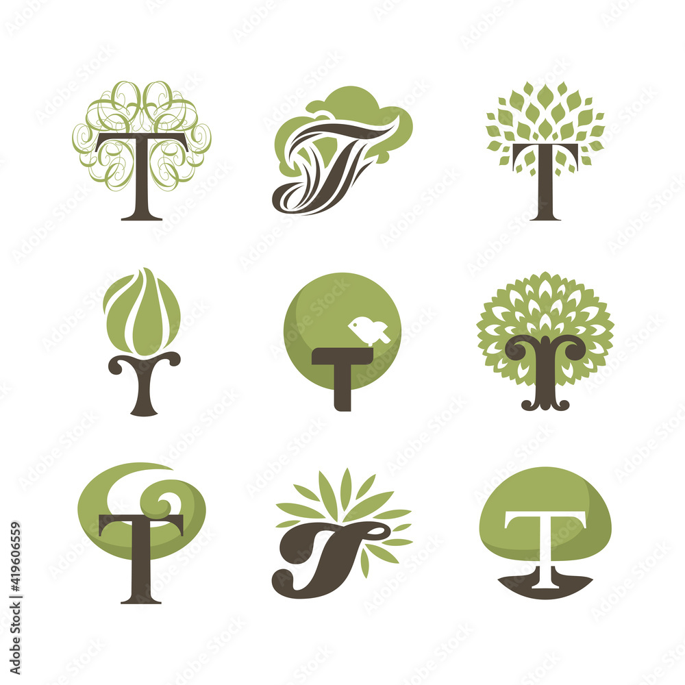 Tree and letter t. Nature themed collection of design elements. Vector ...
