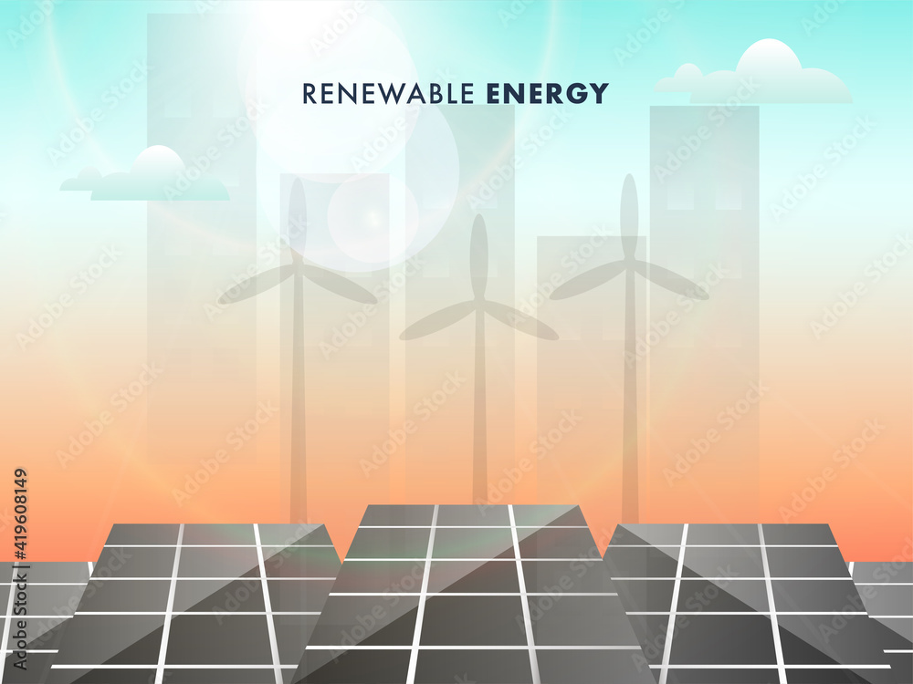 Renewable Energy Concept With Solar Panels, Silhouette Windmills And ...