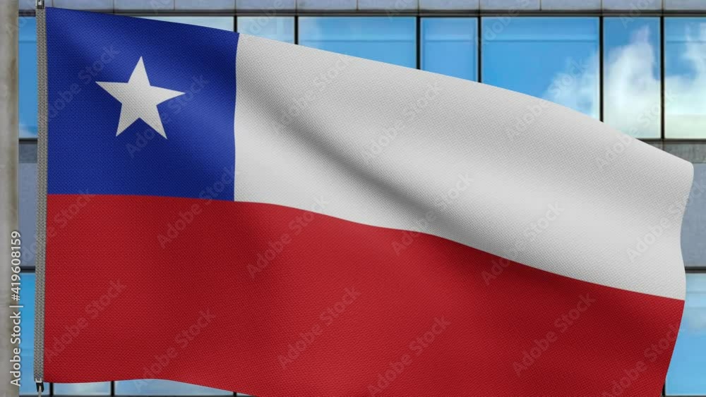 3D illustration Chilean flag waving in a modern skyscraper city ...