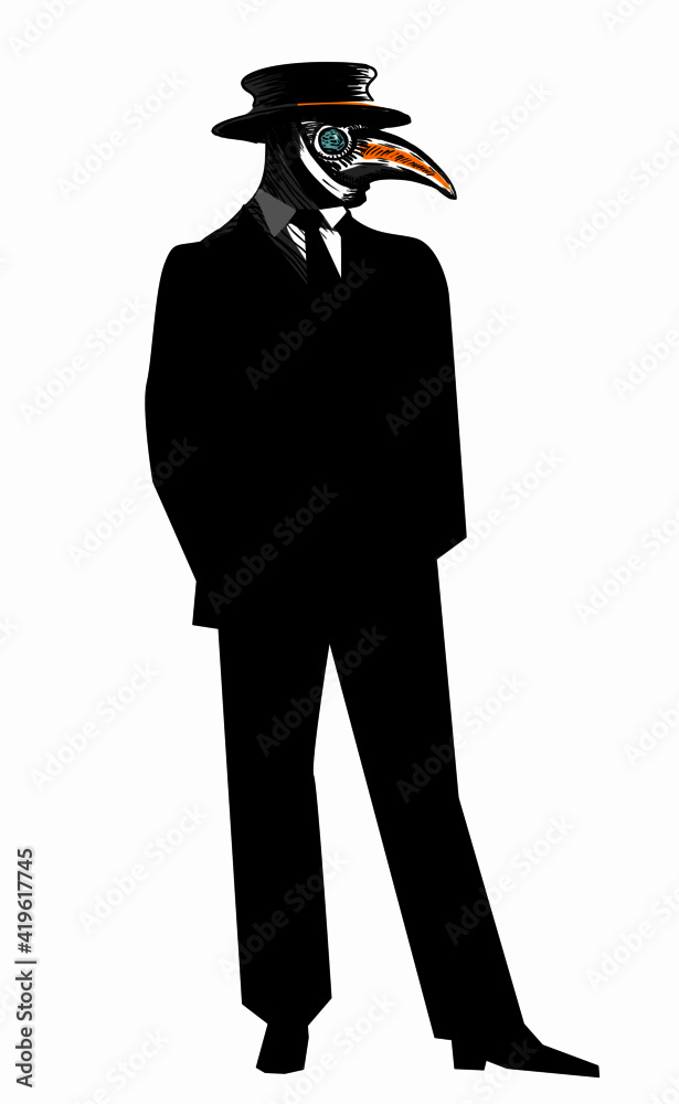 Cartoon illustration of man with Plague doctor with bird mask dressed ...