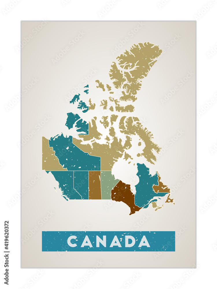 Canada map. Country poster with regions. Old grunge texture. Shape of ...